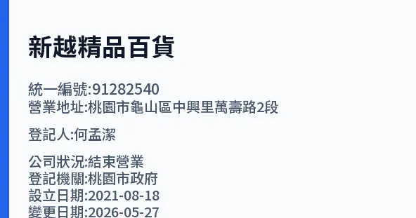 新越精品百貨的照片-統編 91282540(桃園市) 公司登記資料與營業項目詳細圖表