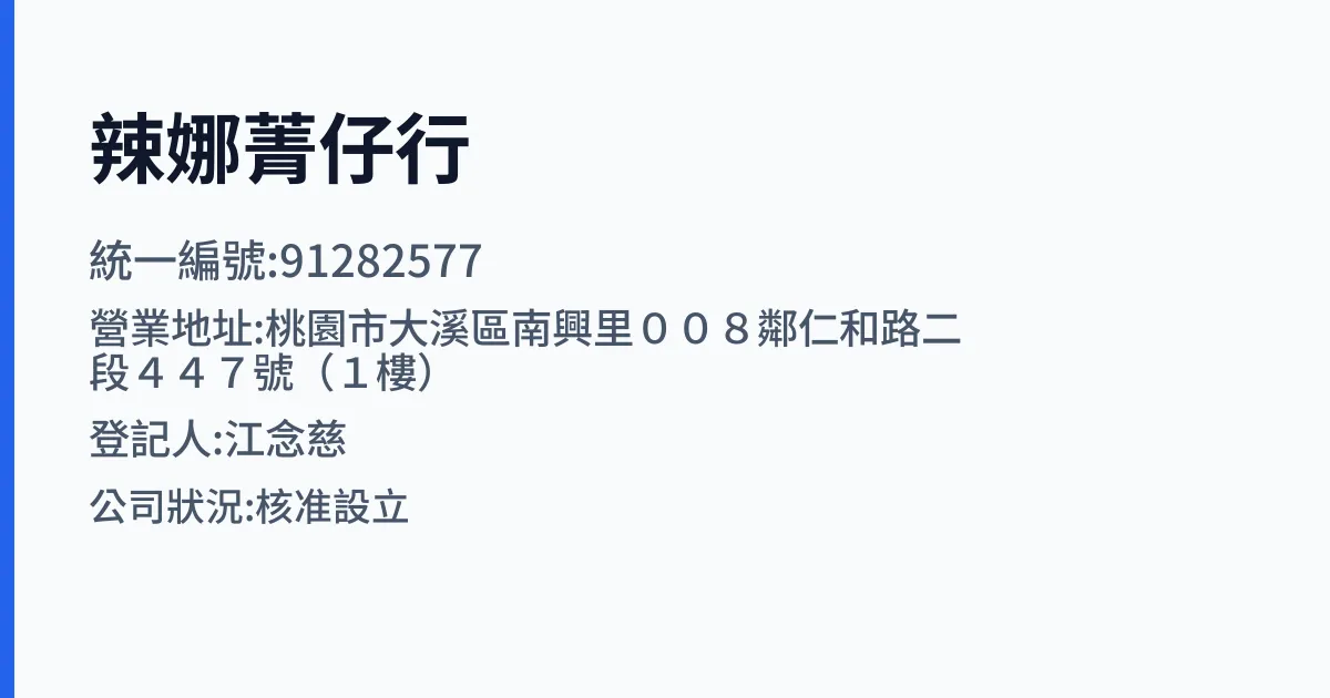 辣娜菁仔行 - 統編 91282577(桃園市) 公司登記資料與營業項目詳細圖表