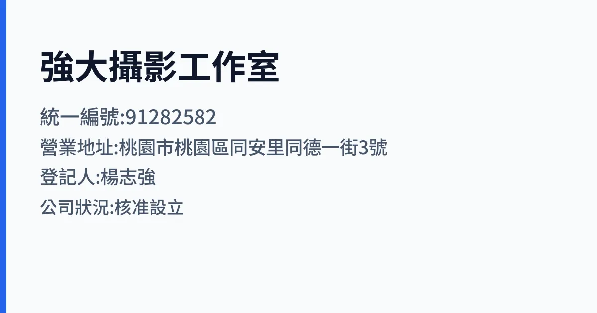 強大攝影工作室 - 統編 91282582(桃園市) 公司登記資料與營業項目詳細圖表