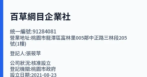 百草綱目企業社的照片-統編 91284081(桃園市) 公司登記資料與營業項目詳細圖表