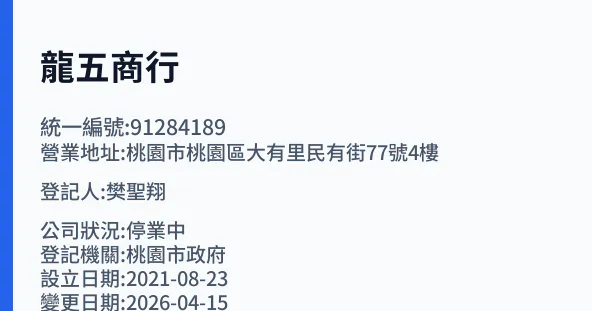 龍五商行的照片-統編 91284189(桃園市) 公司登記資料與營業項目詳細圖表