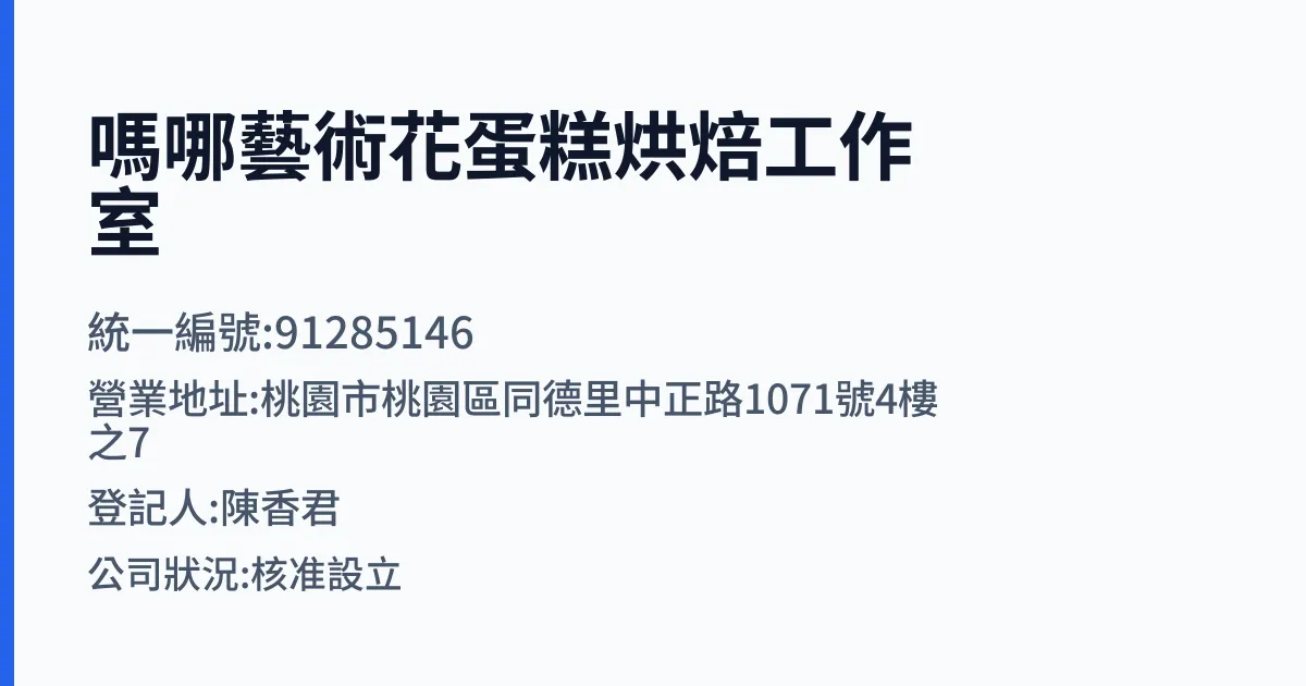 嗎哪藝術花蛋糕烘焙工作室 - 統編 91285146(桃園市) 公司登記資料與營業項目詳細圖表
