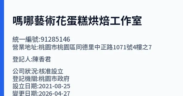 嗎哪藝術花蛋糕烘焙工作室的照片-統編 91285146(桃園市) 公司登記資料與營業項目詳細圖表