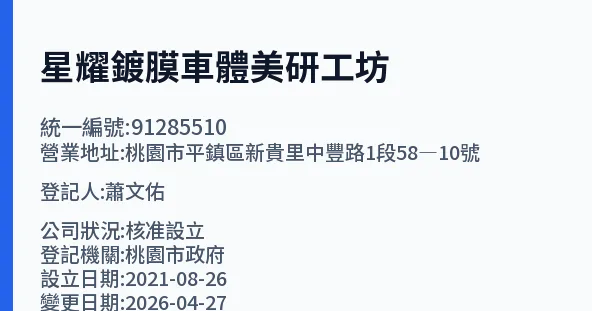 星耀鍍膜車體美研工坊的照片-統編 91285510(桃園市) 公司登記資料與營業項目詳細圖表
