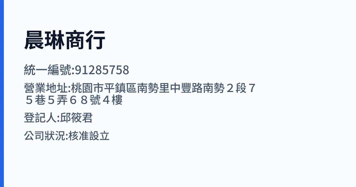 晨琳商行 - 統編 91285758(桃園市) 公司登記資料與營業項目詳細圖表