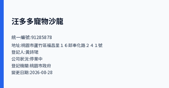 汪多多寵物沙龍的照片-統編 91285878(桃園市) 公司登記資料與營業項目詳細圖表
