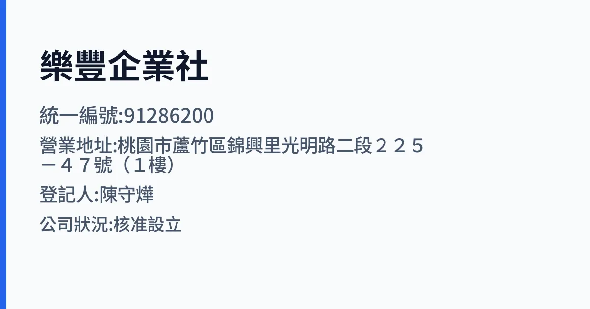 樂豐企業社 - 統編 91286200(桃園市) 公司登記資料與營業項目詳細圖表