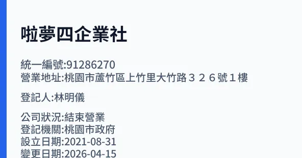 啦夢四企業社的照片-統編 91286270(桃園市) 公司登記資料與營業項目詳細圖表