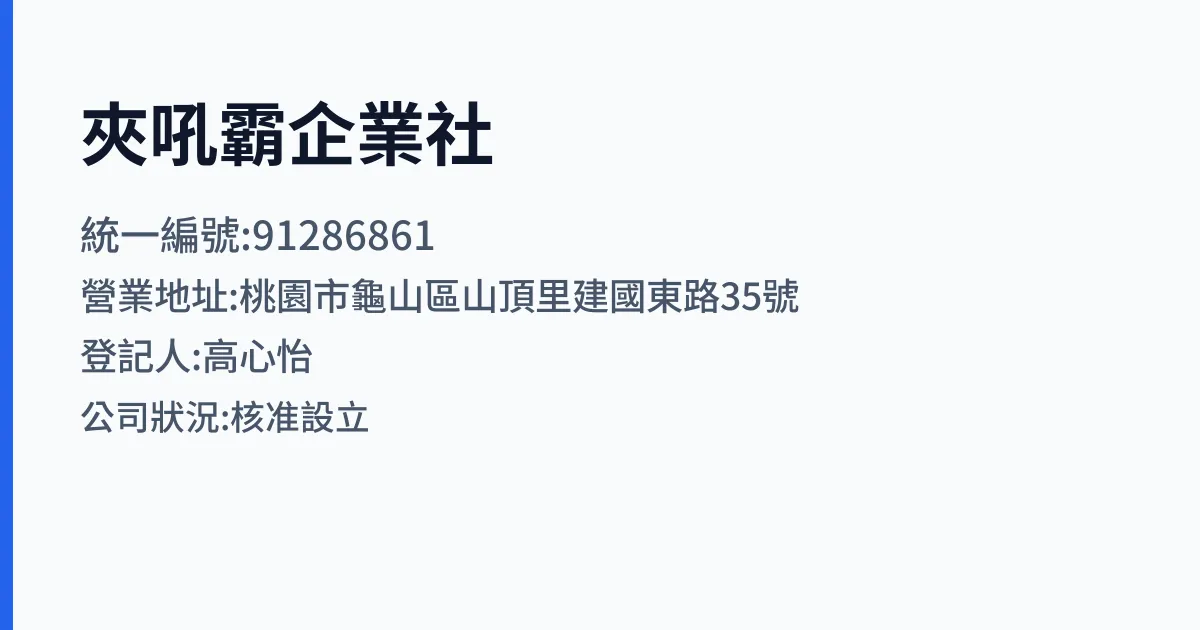 夾吼霸企業社 - 統編 91286861(桃園市) 公司登記資料與營業項目詳細圖表