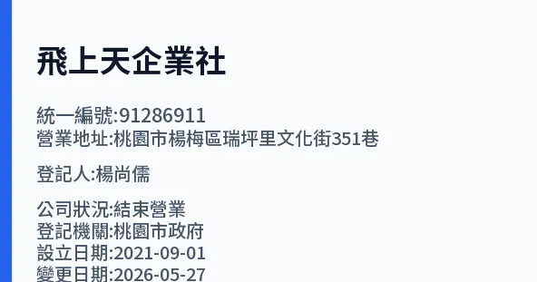 飛上天企業社的照片-統編 91286911(桃園市) 公司登記資料與營業項目詳細圖表