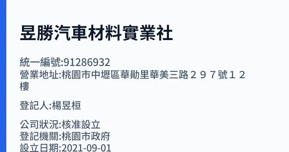 昱勝汽車材料實業社的照片-統編 91286932(桃園市) 公司登記資料與營業項目詳細圖表