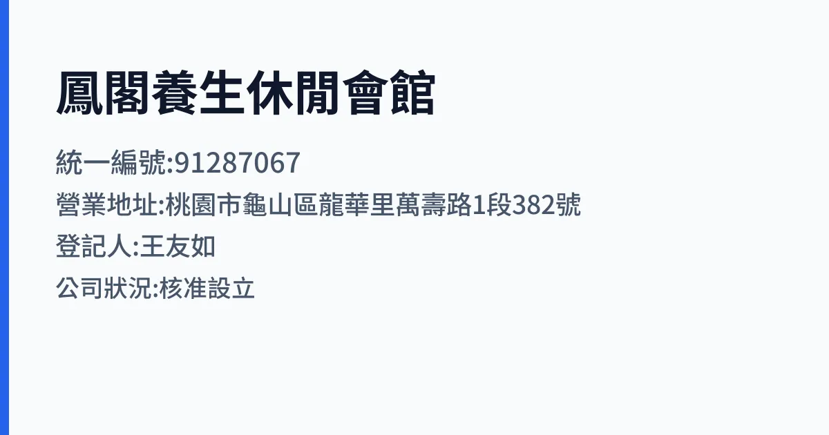 鳳閣養生休閒會館 - 統編 91287067(桃園市) 公司登記資料與營業項目詳細圖表