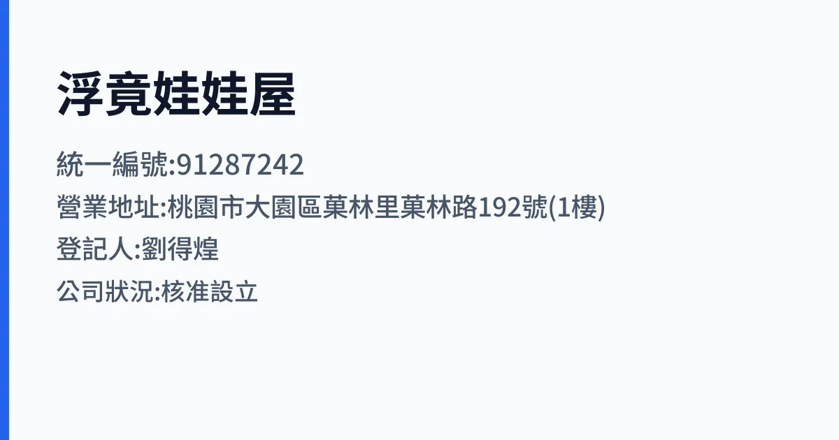 浮竟娃娃屋 - 統編 91287242(桃園市) 公司登記資料與營業項目詳細圖表