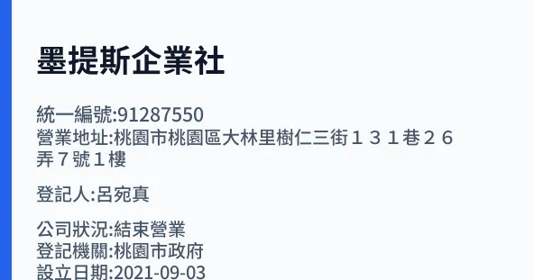 墨提斯企業社的照片-統編 91287550(桃園市) 公司登記資料與營業項目詳細圖表