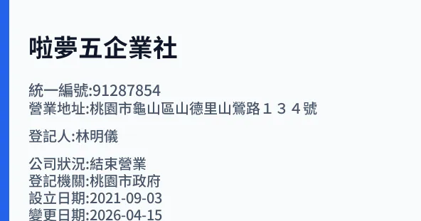 啦夢五企業社的照片-統編 91287854(桃園市) 公司登記資料與營業項目詳細圖表