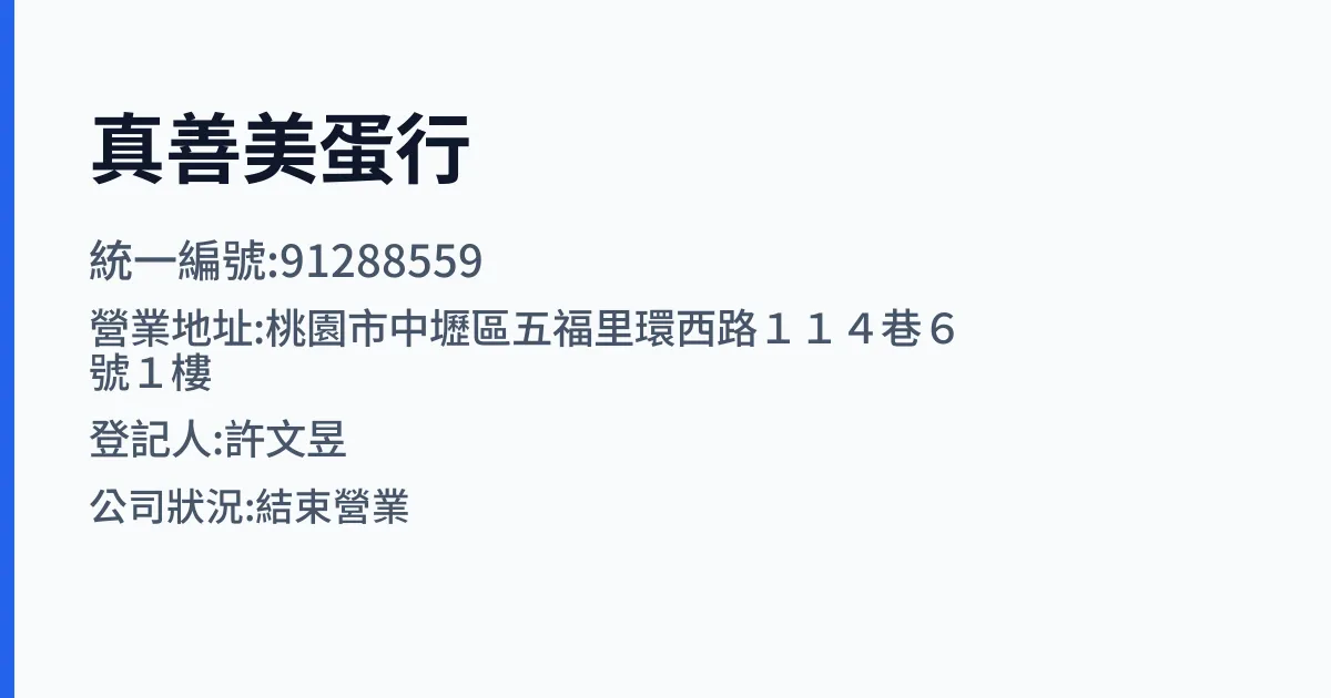 真善美蛋行 - 統編 91288559(桃園市) 公司登記資料與營業項目詳細圖表