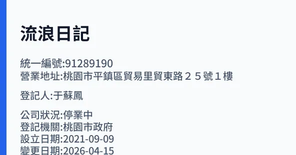 流浪日記的照片-統編 91289190(桃園市) 公司登記資料與營業項目詳細圖表