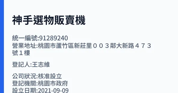 神手選物販賣機的照片-統編 91289240(桃園市) 公司登記資料與營業項目詳細圖表