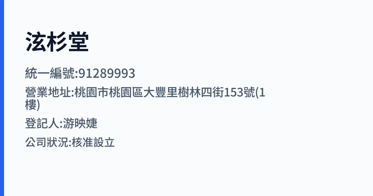 泫杉堂 - 統編 91289993(桃園市) 公司登記資料與營業項目詳細圖表