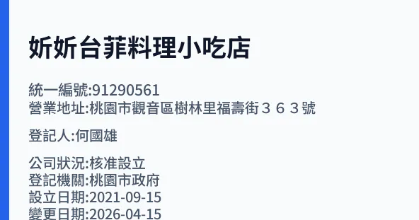 妡妡台菲料理小吃店的照片-統編 91290561(桃園市) 公司登記資料與營業項目詳細圖表