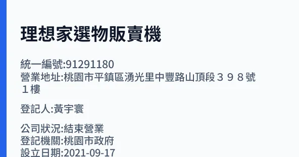 理想家選物販賣機的照片-統編 91291180(桃園市) 公司登記資料與營業項目詳細圖表