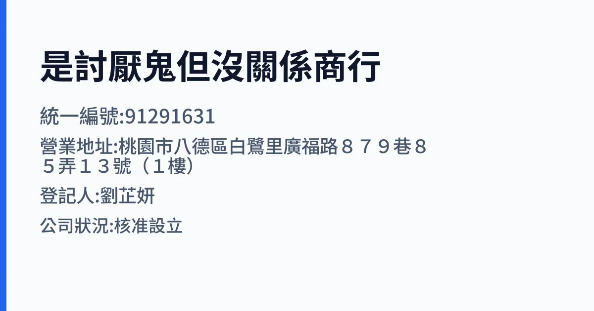 是討厭鬼但沒關係商行 - 統編 91291631(桃園市) 公司登記資料與營業項目詳細圖表