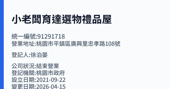 小老闆育達選物禮品屋的照片-統編 91291718(桃園市) 公司登記資料與營業項目詳細圖表