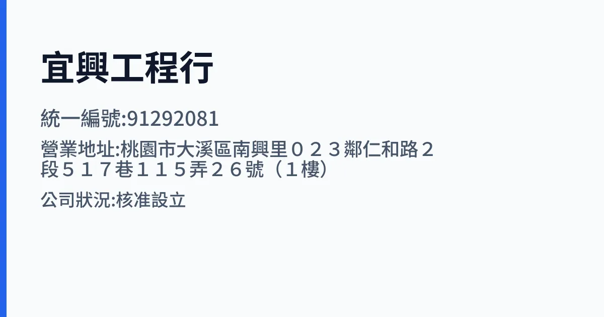 宜興工程行 - 統編 91292081(桃園市) 公司登記資料與營業項目詳細圖表