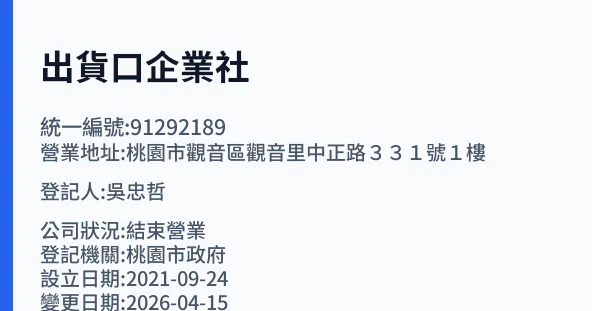 出貨口企業社的照片-統編 91292189(桃園市) 公司登記資料與營業項目詳細圖表