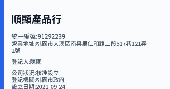 順顯產品行的照片-統編 91292239(桃園市) 公司登記資料與營業項目詳細圖表