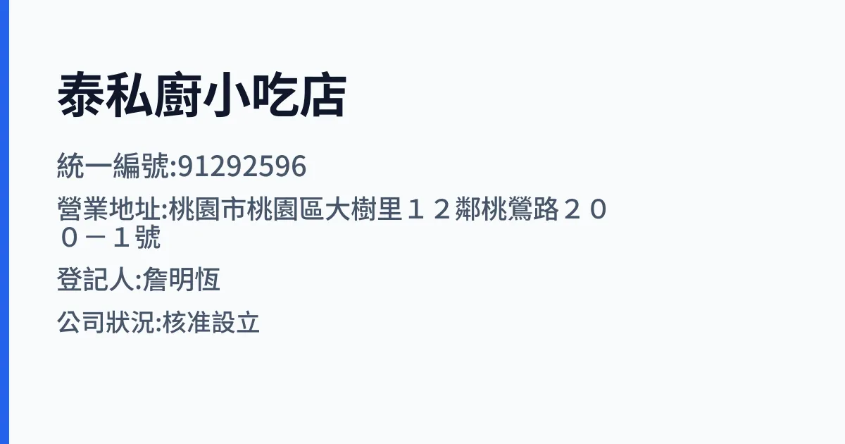 泰私廚小吃店 - 統編 91292596(桃園市) 公司登記資料與營業項目詳細圖表