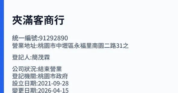 夾滿客商行的照片-統編 91292890(桃園市) 公司登記資料與營業項目詳細圖表