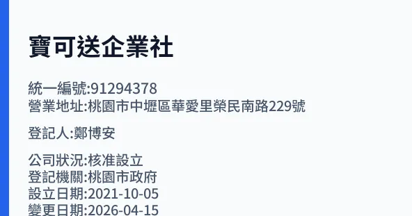 寶可送企業社的照片-統編 91294378(桃園市) 公司登記資料與營業項目詳細圖表