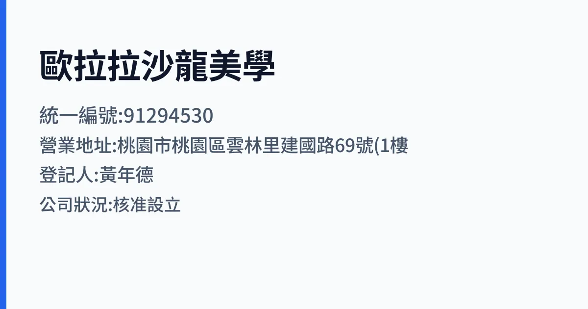 歐拉拉沙龍美學 - 統編 91294530(桃園市) 公司登記資料與營業項目詳細圖表