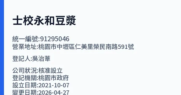士校永和豆漿的照片-統編 91295046(桃園市) 公司登記資料與營業項目詳細圖表
