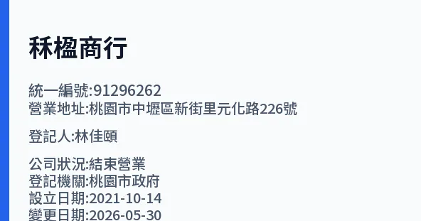 秝楹商行的照片-統編 91296262(桃園市) 公司登記資料與營業項目詳細圖表
