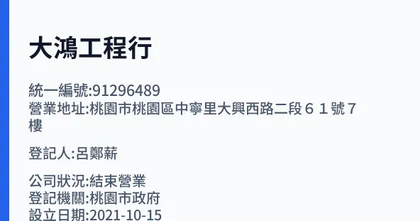 大鴻工程行的照片-統編 91296489(桃園市) 公司登記資料與營業項目詳細圖表