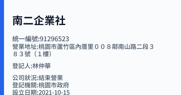 南二企業社的照片-統編 91296523(桃園市) 公司登記資料與營業項目詳細圖表