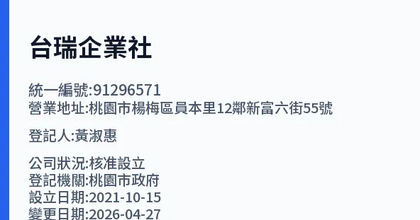 台瑞企業社的照片-統編 91296571(桃園市) 公司登記資料與營業項目詳細圖表