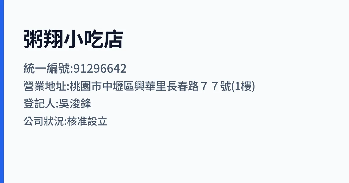 粥翔小吃店 - 統編 91296642(桃園市) 公司登記資料與營業項目詳細圖表