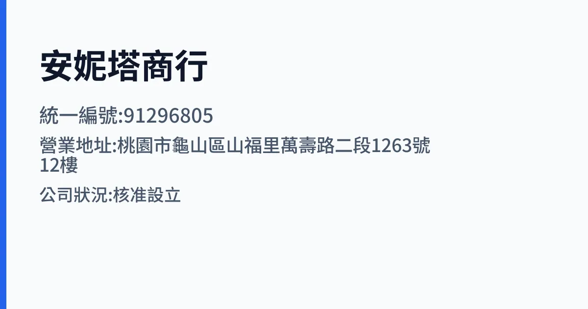 安妮塔商行 - 統編 91296805(桃園市) 公司登記資料與營業項目詳細圖表
