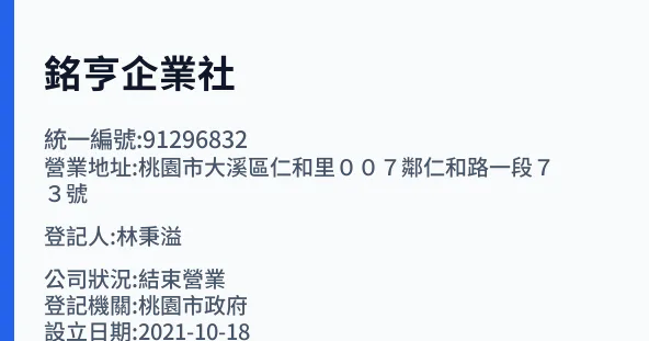 銘亨企業社的照片-統編 91296832(桃園市) 公司登記資料與營業項目詳細圖表
