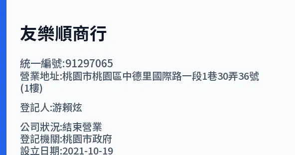 友樂順商行的照片-統編 91297065(桃園市) 公司登記資料與營業項目詳細圖表