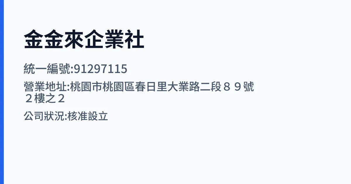 金金來企業社 - 統編 91297115(桃園市) 公司登記資料與營業項目詳細圖表