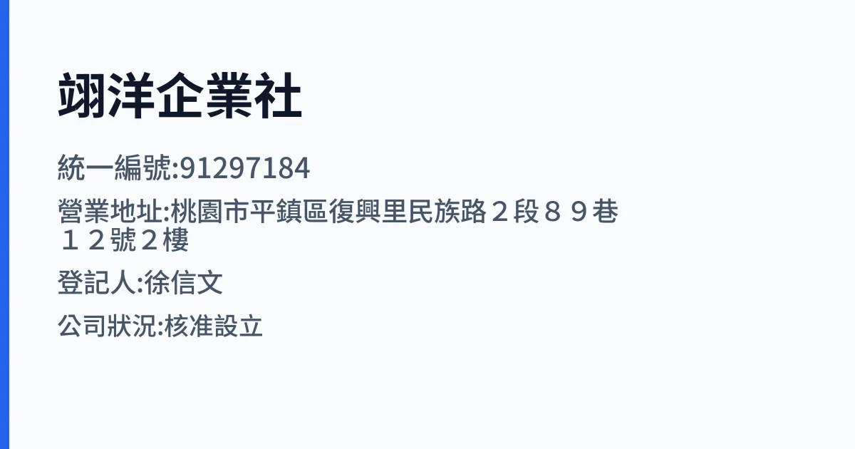 翊洋企業社 - 統編 91297184(桃園市) 公司登記資料與營業項目詳細圖表