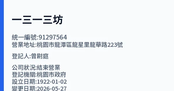 一三一三坊的照片-統編 91297564(桃園市) 公司登記資料與營業項目詳細圖表