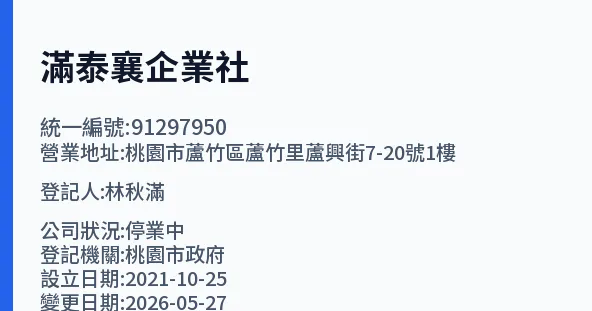 滿泰襄企業社的照片-統編 91297950(桃園市) 公司登記資料與營業項目詳細圖表