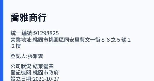 喬雅商行的照片-統編 91298825(桃園市) 公司登記資料與營業項目詳細圖表