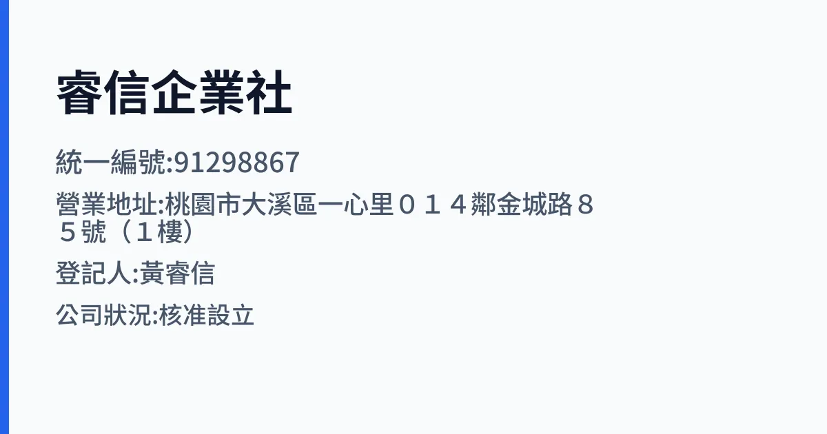 睿信企業社 - 統編 91298867(桃園市) 公司登記資料與營業項目詳細圖表