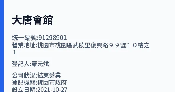 大唐會館的照片-統編 91298901(桃園市) 公司登記資料與營業項目詳細圖表